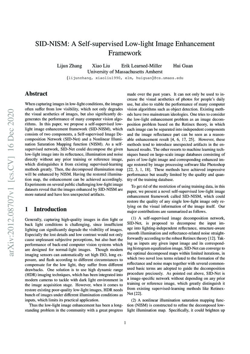 SID-NISM: A Self-supervised Low-light Image Enhancement Framework | DeepAI