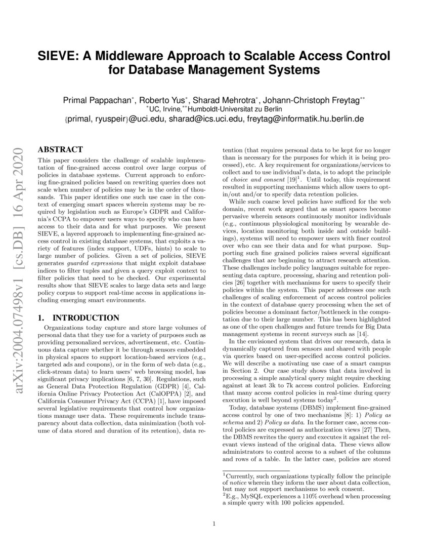Sieve A Middleware Approach To Scalable Access Control For Database Management Systems Deepai
