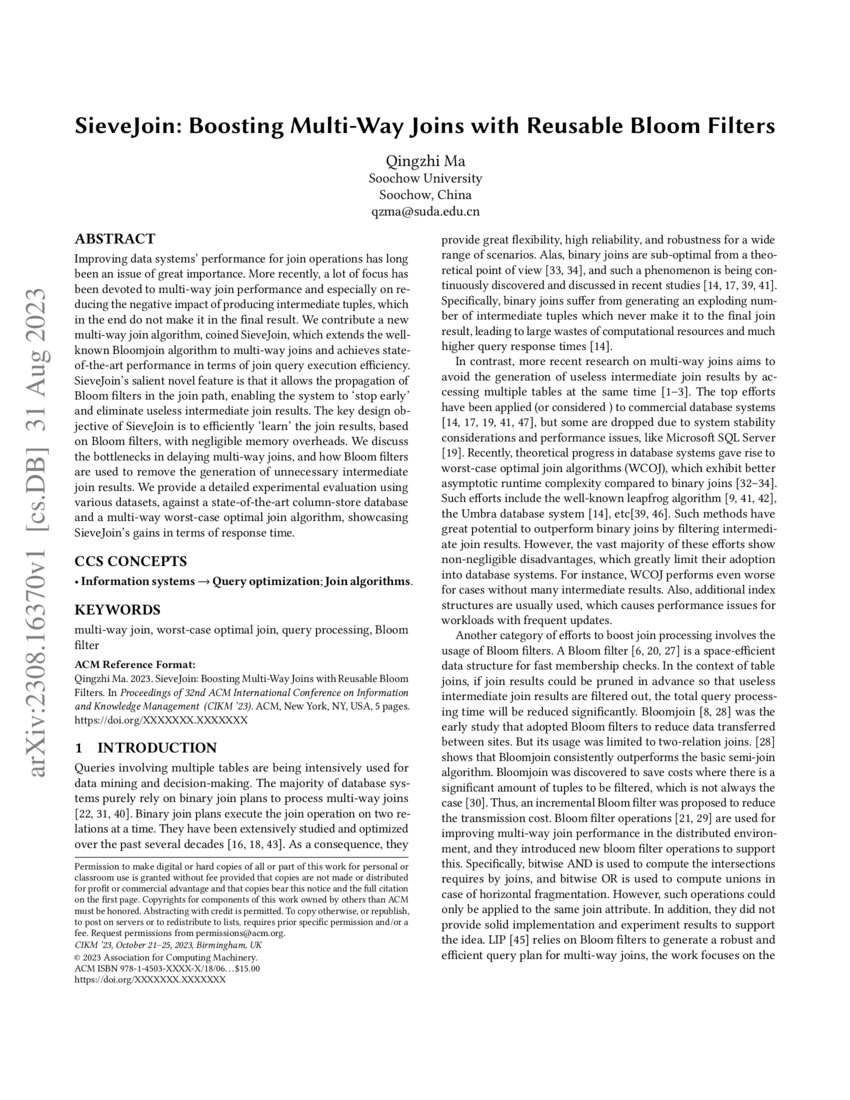 SieveJoin: Boosting Multi-Way Joins with Reusable Bloom Filters | DeepAI