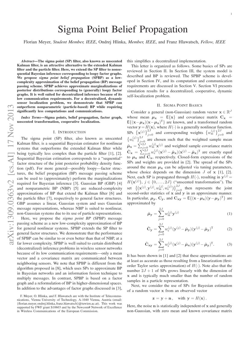 Sigma Point Belief Propagation | DeepAI