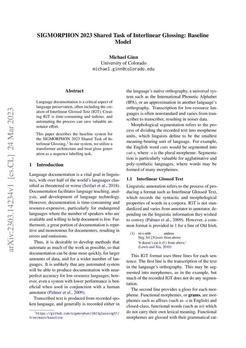 SIGMORPHON 2023 Shared Task of Interlinear Glossing: Baseline Model | DeepAI