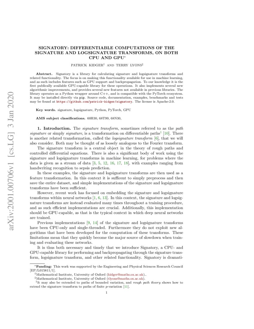 Signatory: differentiable computations of the signature and logsignature transforms, on both CPU ...