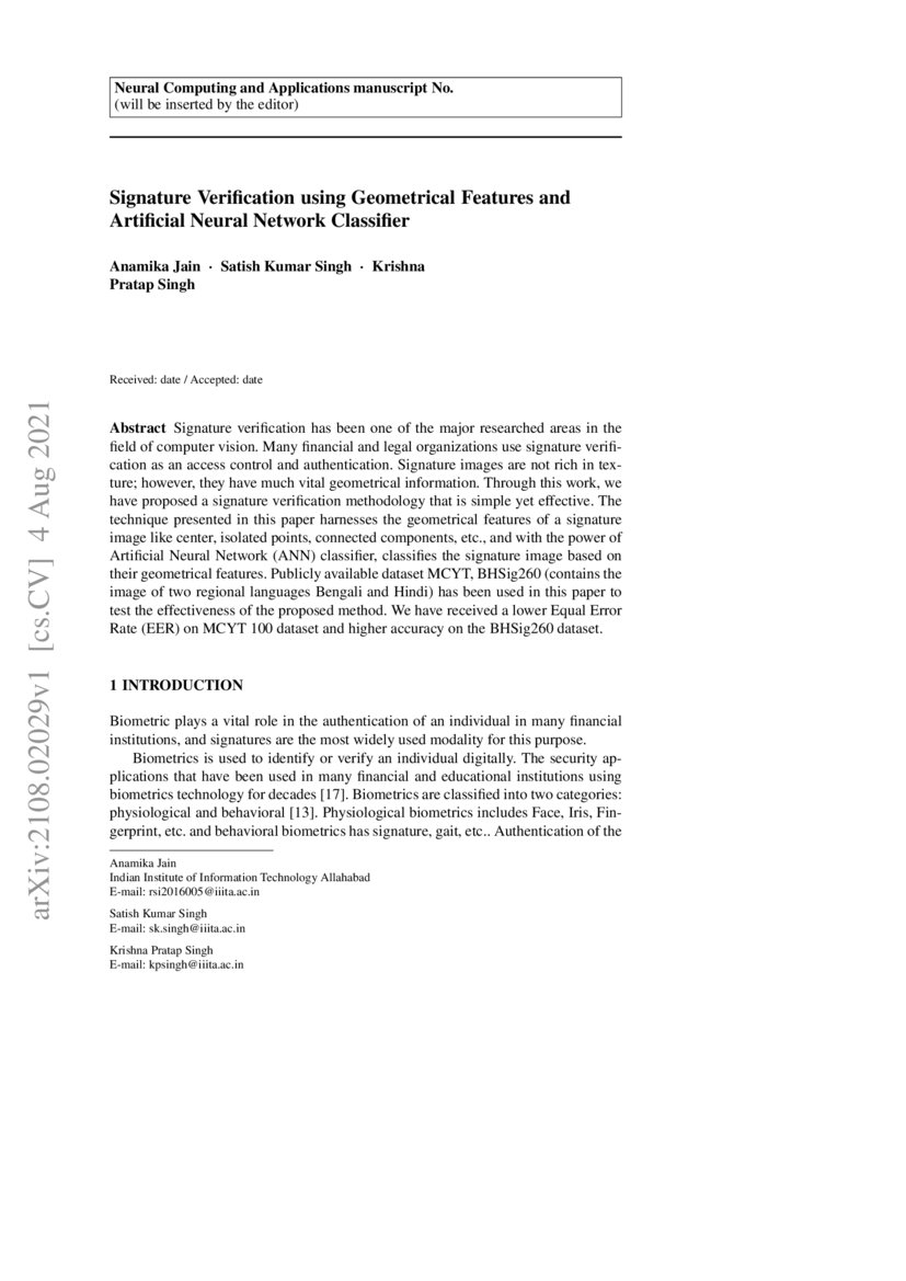 Signature Verification Using Geometrical Features And Artificial Neural Network Classifier Deepai