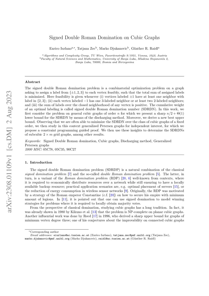 Signed double Roman domination on cubic graphs | DeepAI