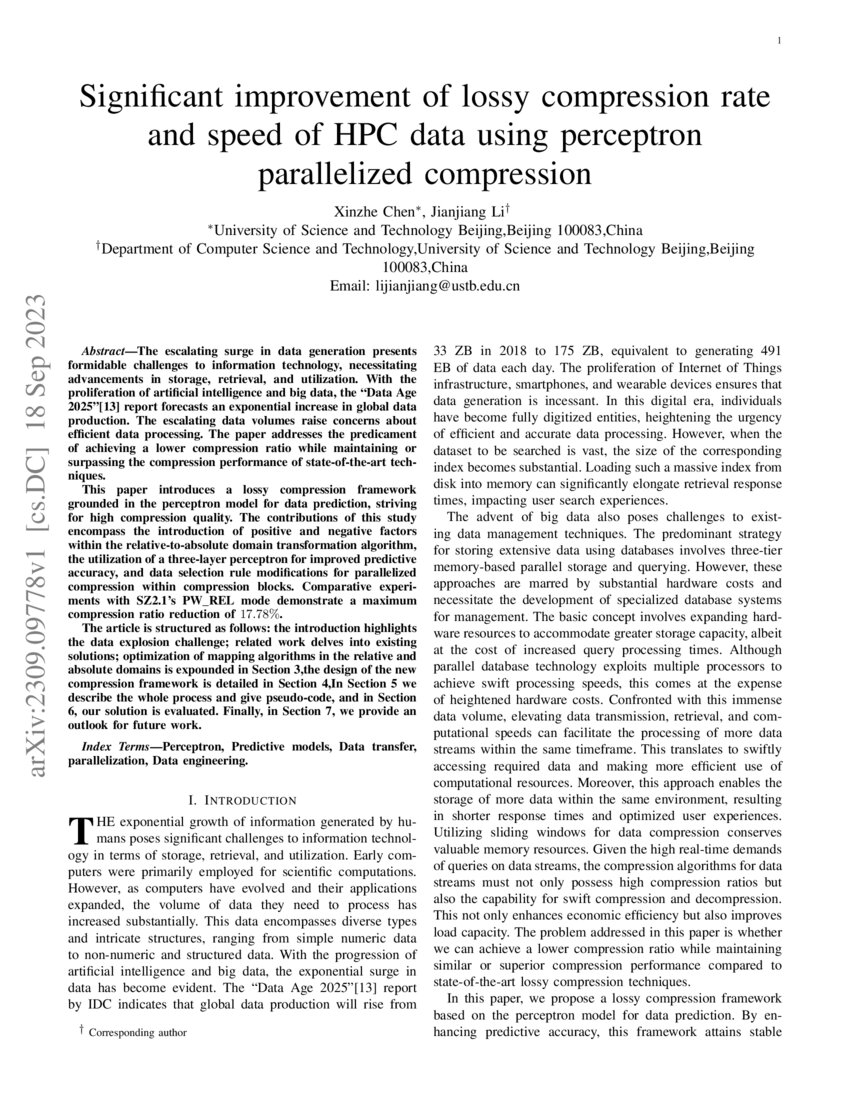 Significant Improvement Of Lossy Compression Rate And Speed Of Hpc Data Using Perceptron