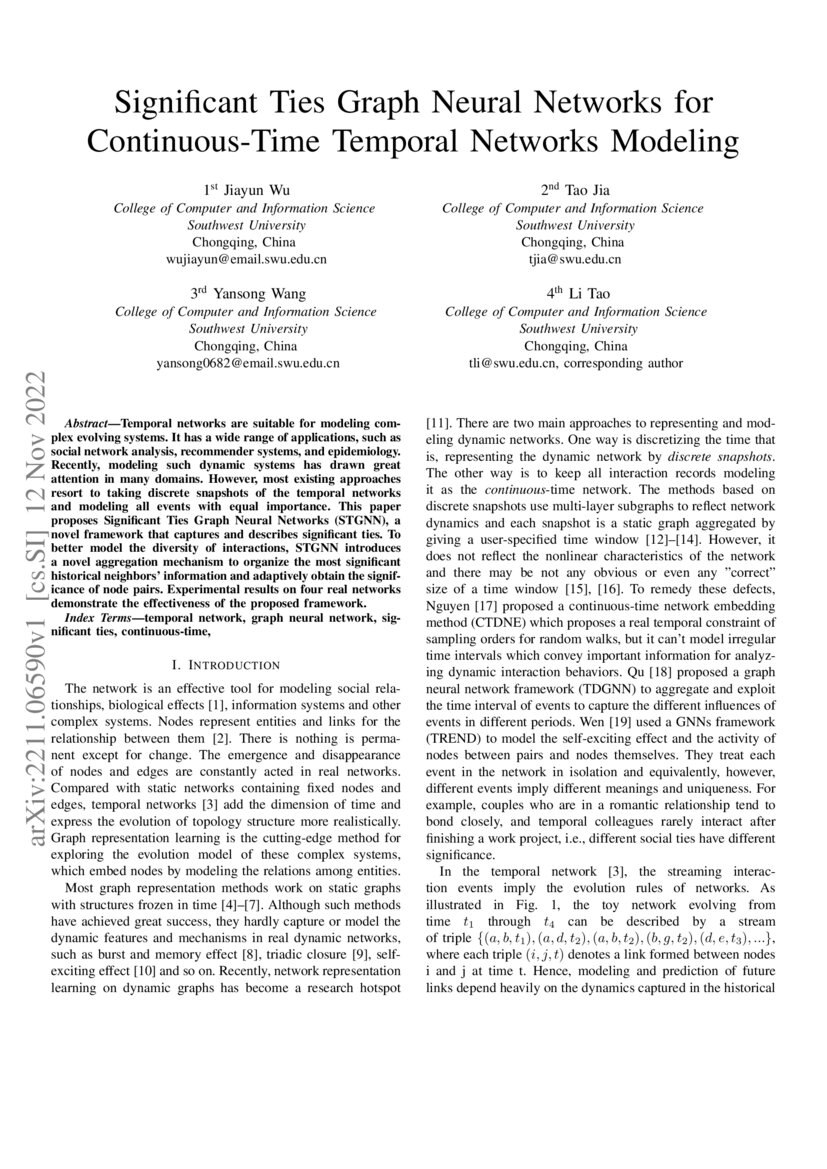 Significant Ties Graph Neural Networks For Continuous Time Temporal Networks Modeling Deepai 