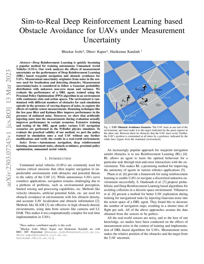 Sim To Real Deep Reinforcement Learning Based Obstacle Avoidance For Uavs Under Measurement