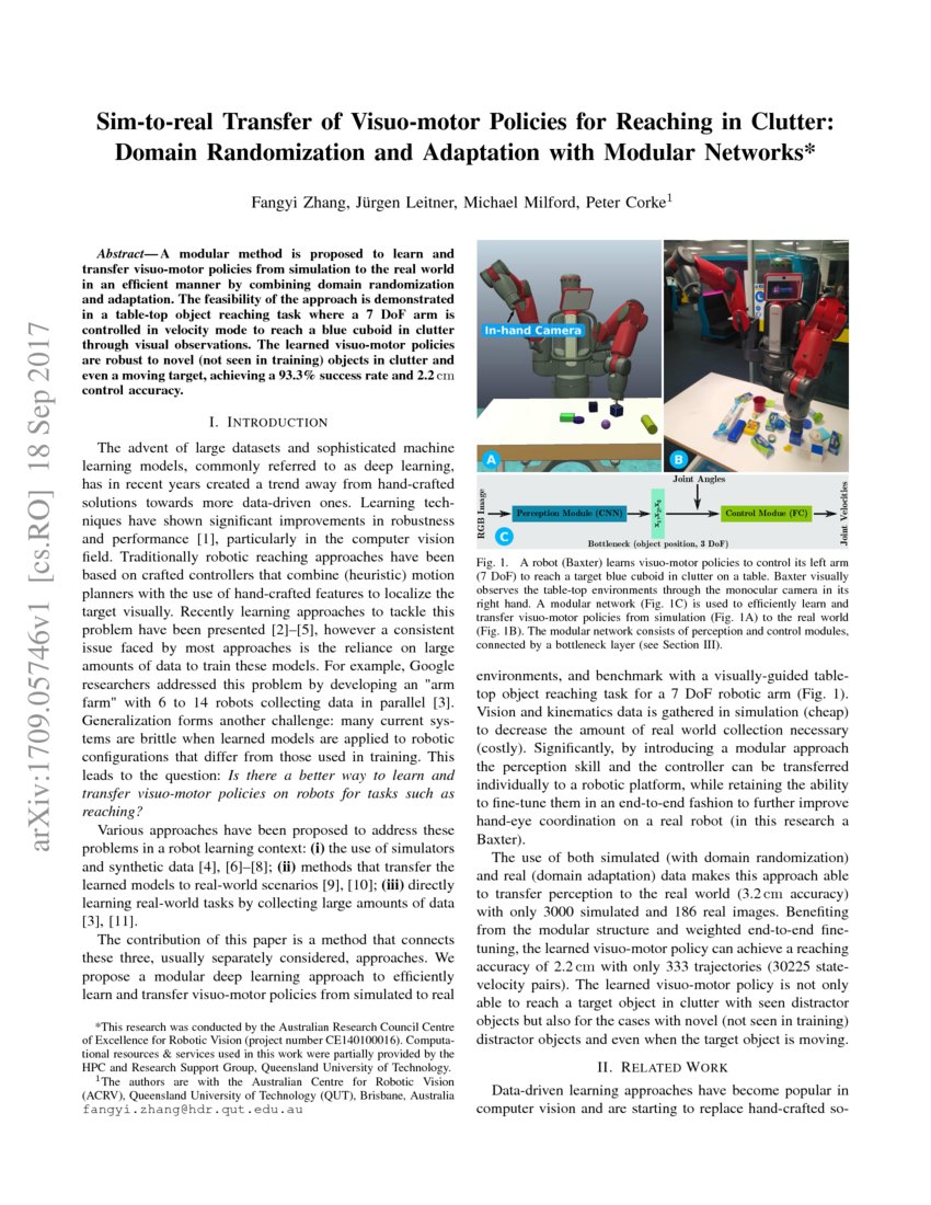 Sim To Real Transfer Of Visuo Motor Policies For Reaching In Clutter Domain Randomization And