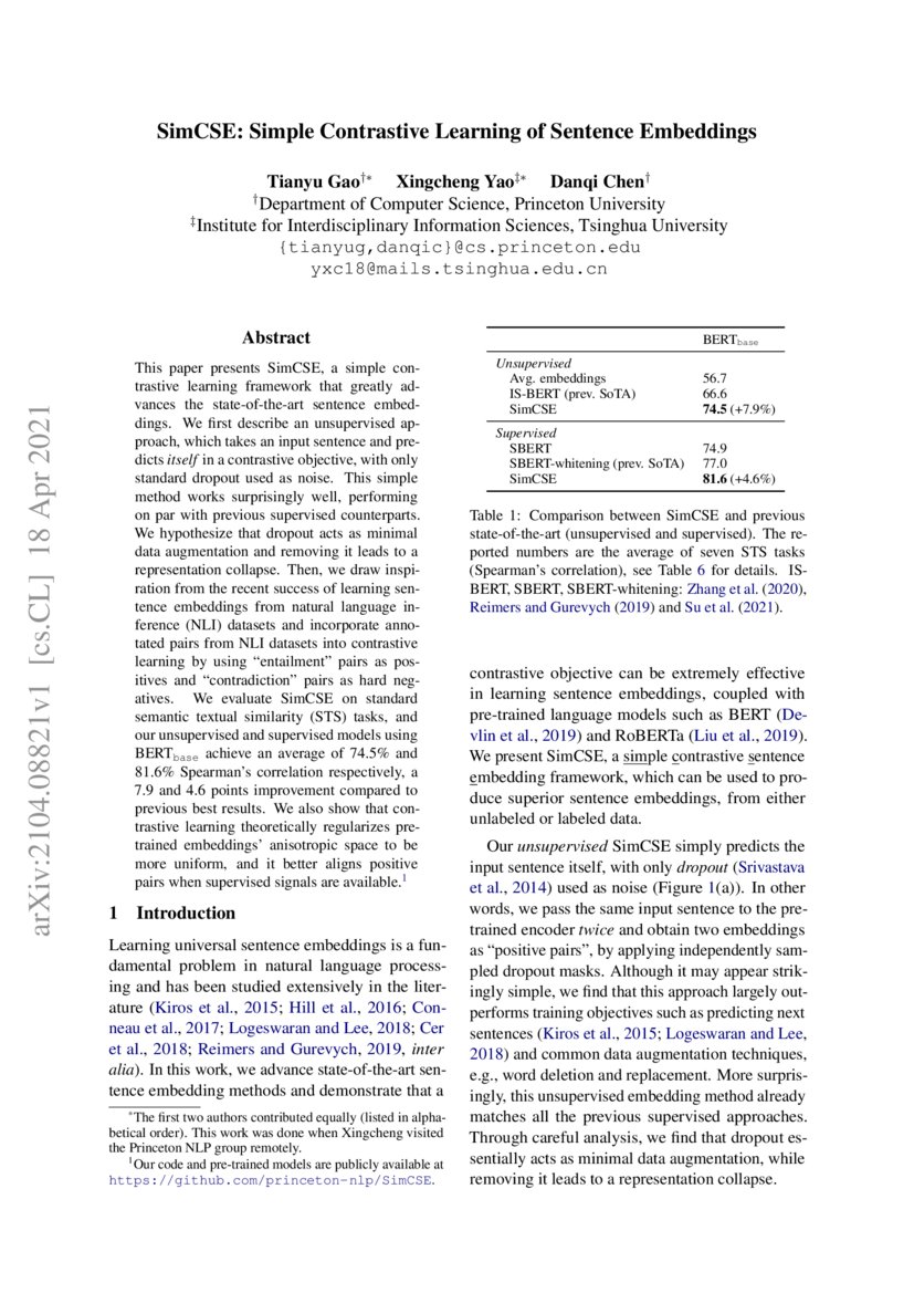 SimCSE: Simple Contrastive Learning of Sentence Embeddings | DeepAI