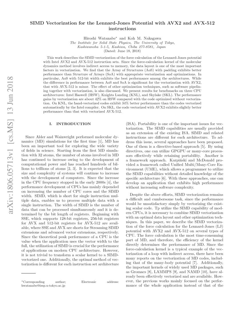 SIMD Vectorization for the Lennard-Jones Potential with AVX2 and AVX-512 instructions | DeepAI