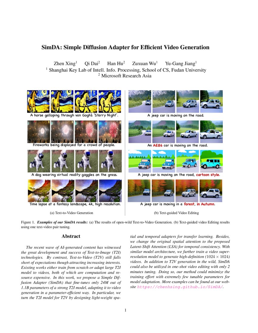 SimDA: Simple Diffusion Adapter for Efficient Video Generation | DeepAI