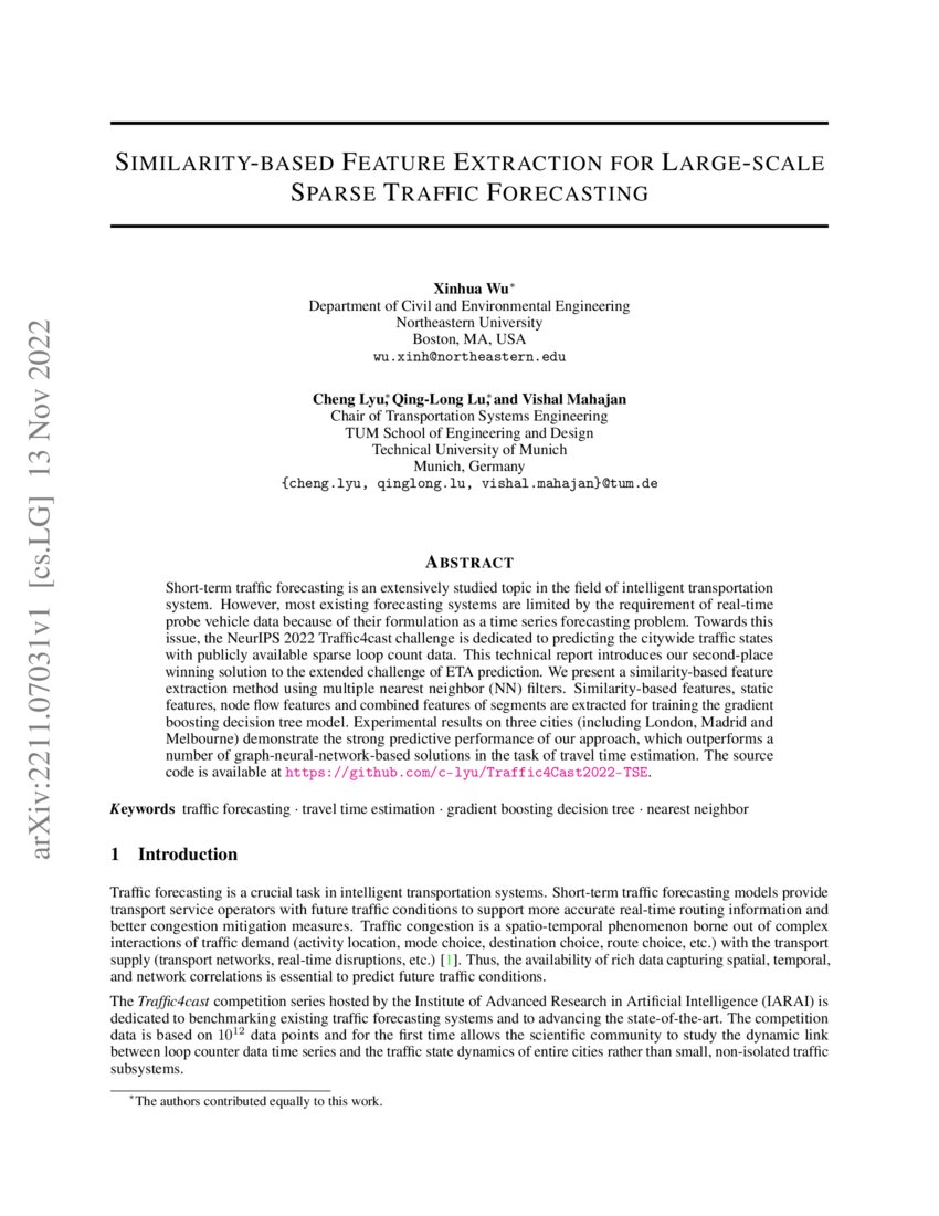Similarity Based Feature Extraction For Large Scale Sparse Traffic Forecasting Deepai