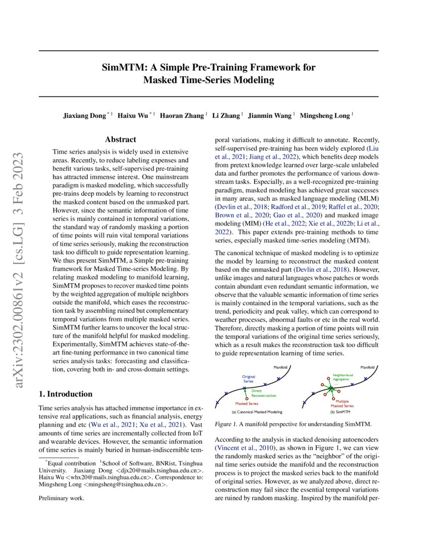 Simmtm A Simple Pre Training Framework For Masked Time Series Modeling Deepai