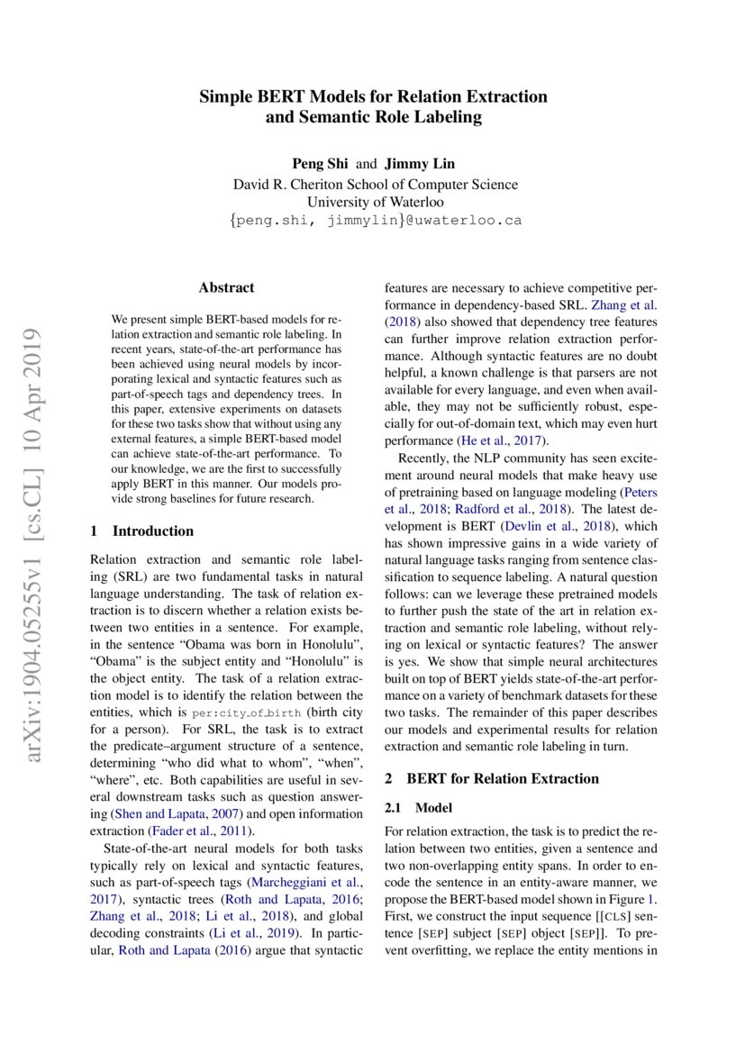 Simple Bert Models For Relation Extraction And Semantic Role Labeling Deepai