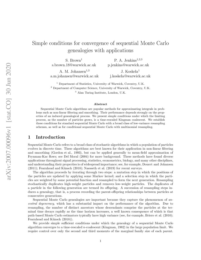 Simple conditions for convergence of sequential Monte Carlo genealogies with applications | DeepAI