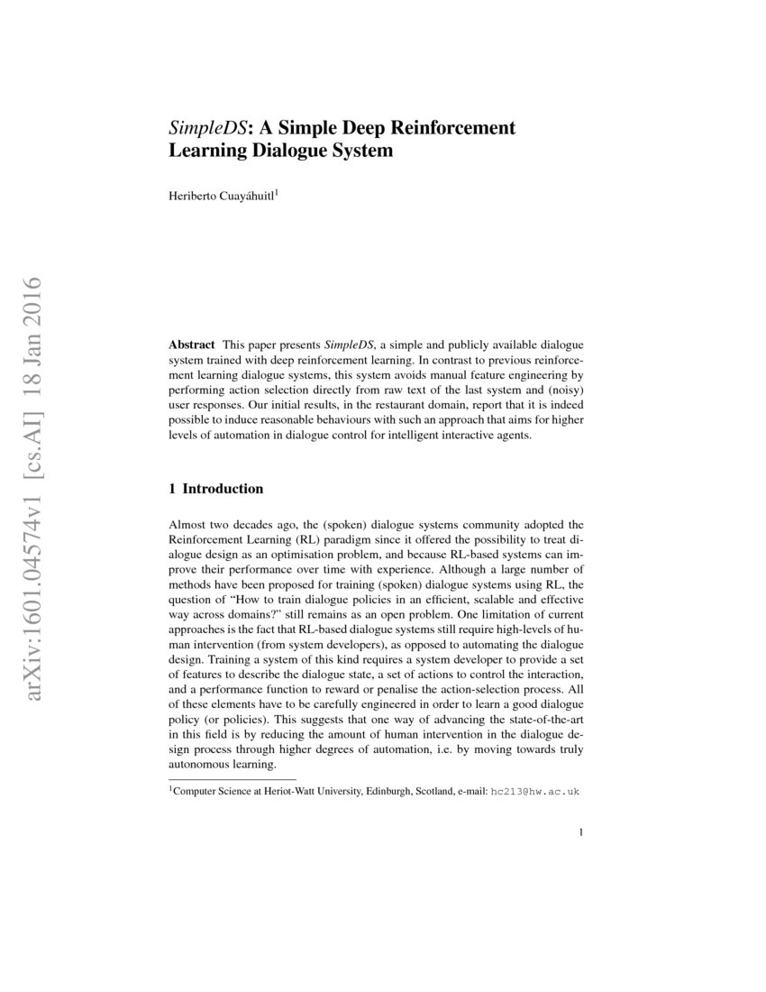 SimpleDS: A Simple Deep Reinforcement Learning Dialogue System | DeepAI