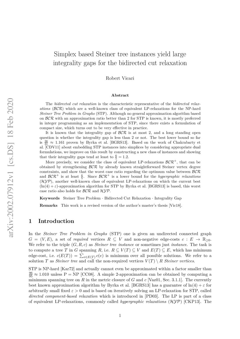 Simplex based Steiner tree instances yield large integrality gaps for the bidirected cut ...