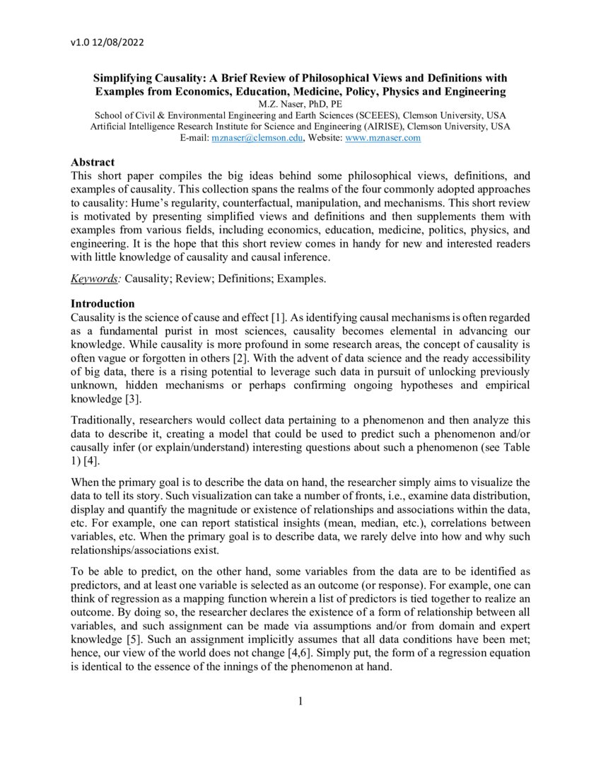 Simplifying Causality: A Brief Review of Philosophical Views and Definitions with Examples from ...