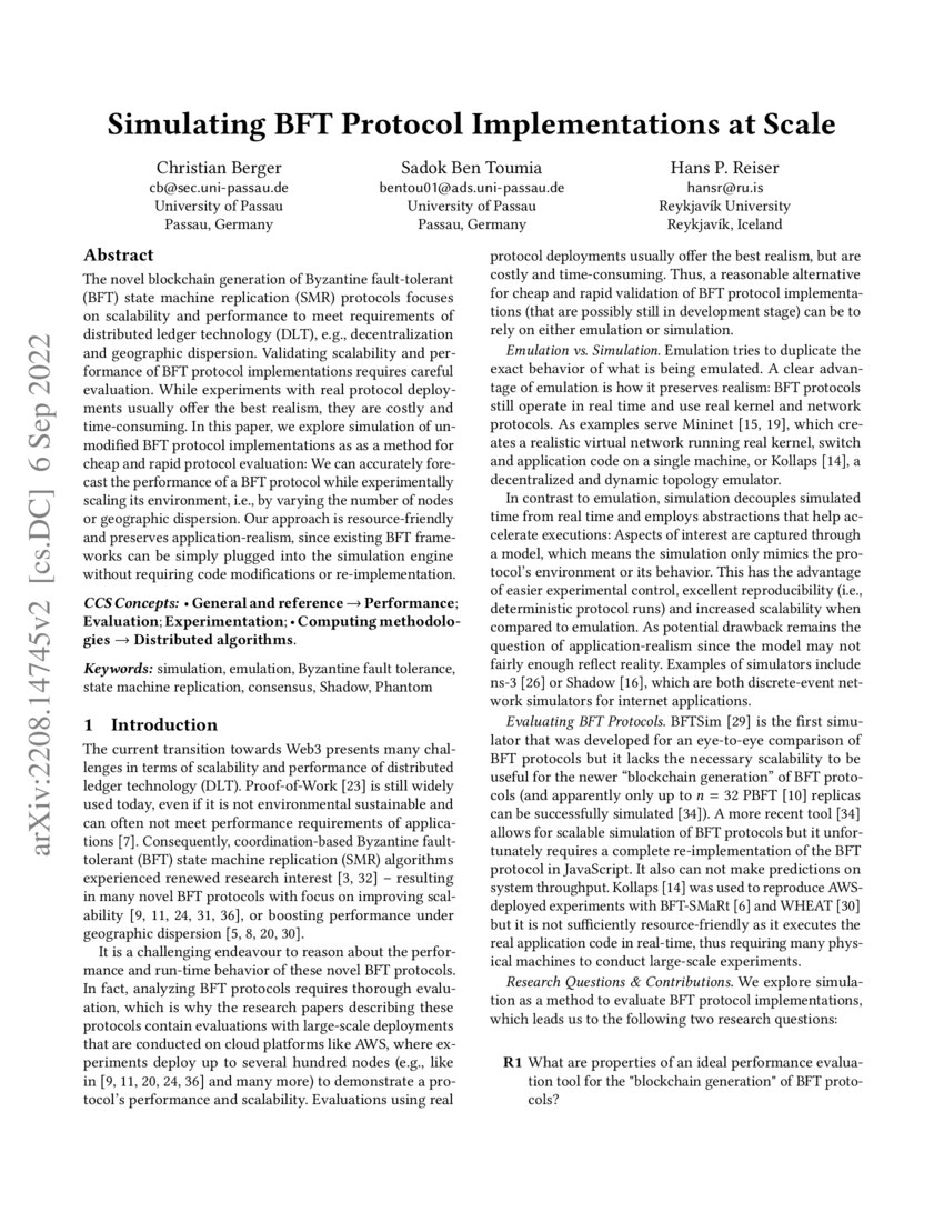 Simulating BFT Protocol Implementations at Scale | DeepAI
