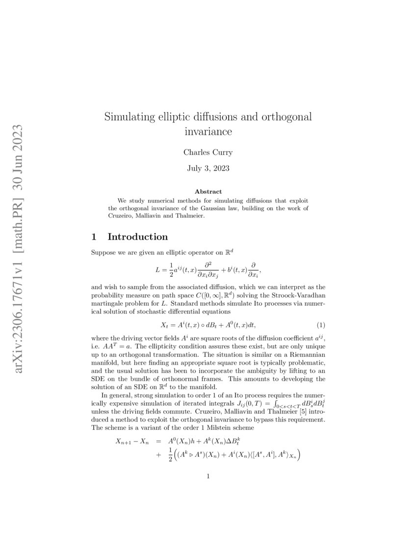 Simulating elliptic diffusions and orthogonal invariance | DeepAI
