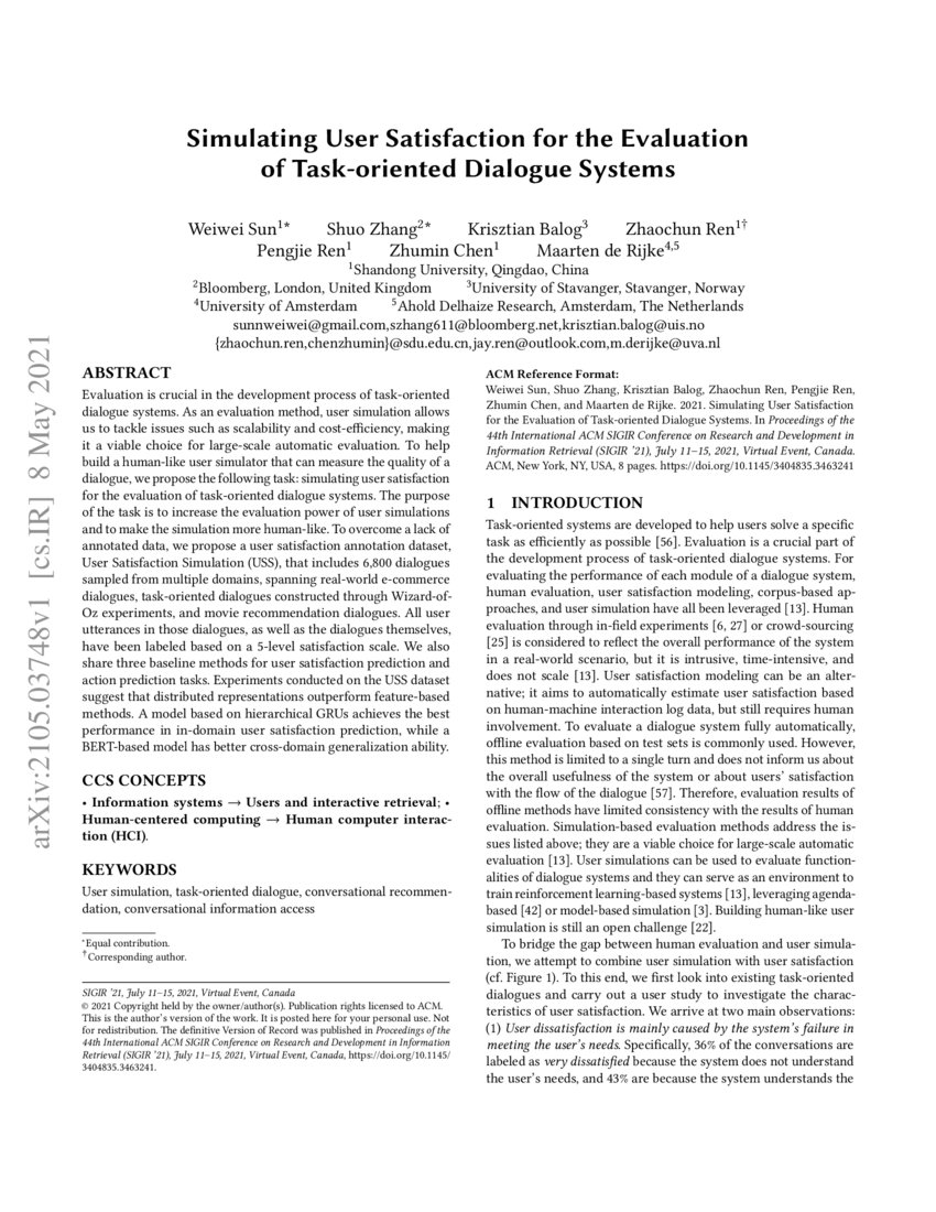 Simulating User Satisfaction For The Evaluation Of Task Oriented Dialogue Systems Deepai