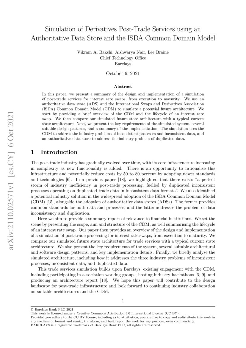 Simulation of Derivatives Post-Trade Services using an Authoritative ...