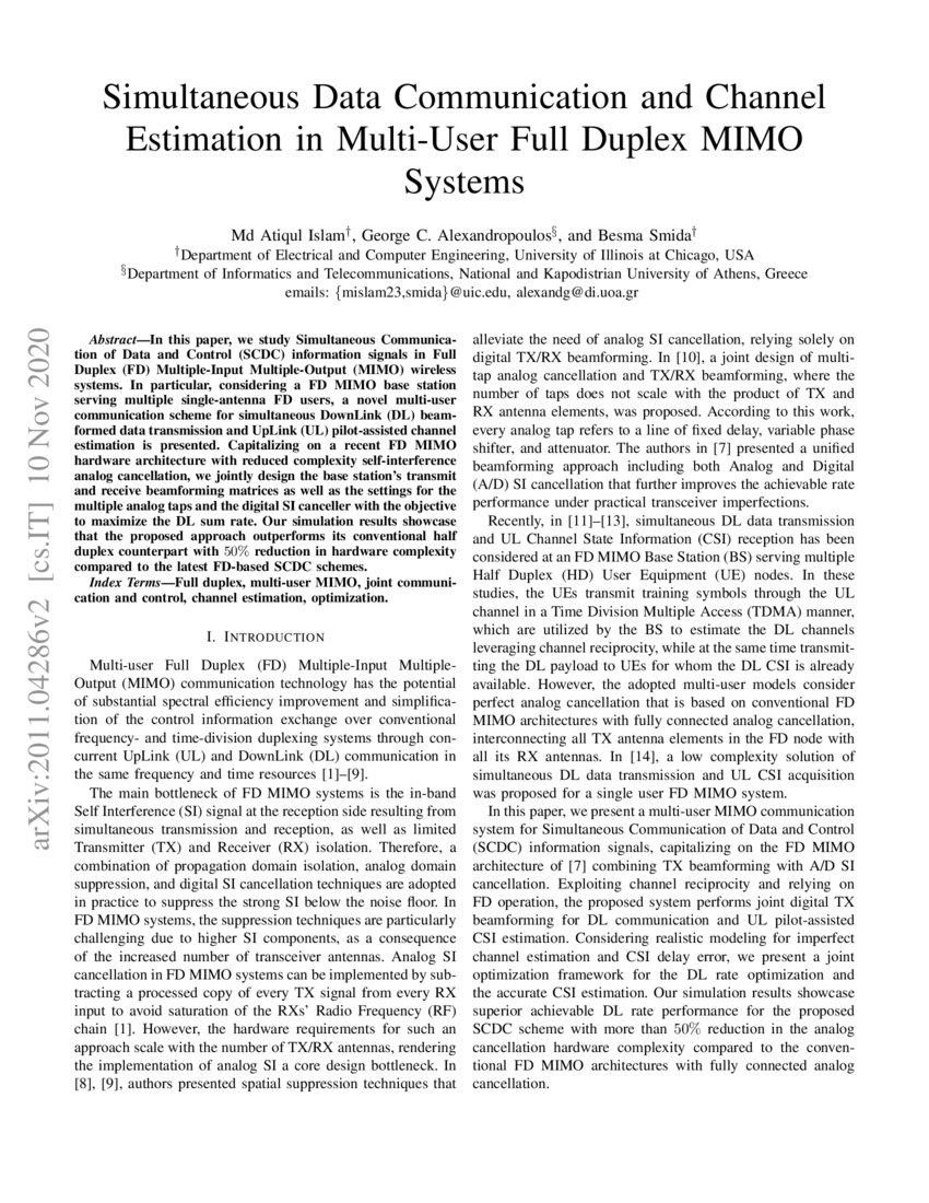 Simultaneous Data Communication and Channel Estimation in Multi-User Full Duplex MIMO Systems ...