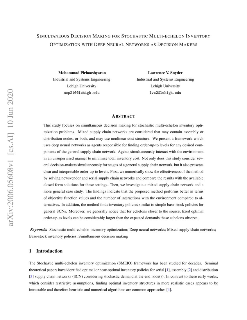Simultaneous Decision Making for Stochastic Multi-echelon Inventory Optimization with Deep ...