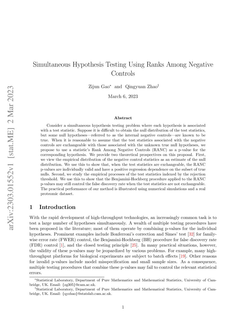 Simultaneous Hypothesis Testing Using Internal Negative Controls with ...