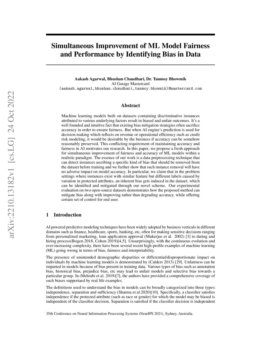 Simultaneous Improvement of ML Model Fairness and Performance by Identifying Bias in Data | DeepAI