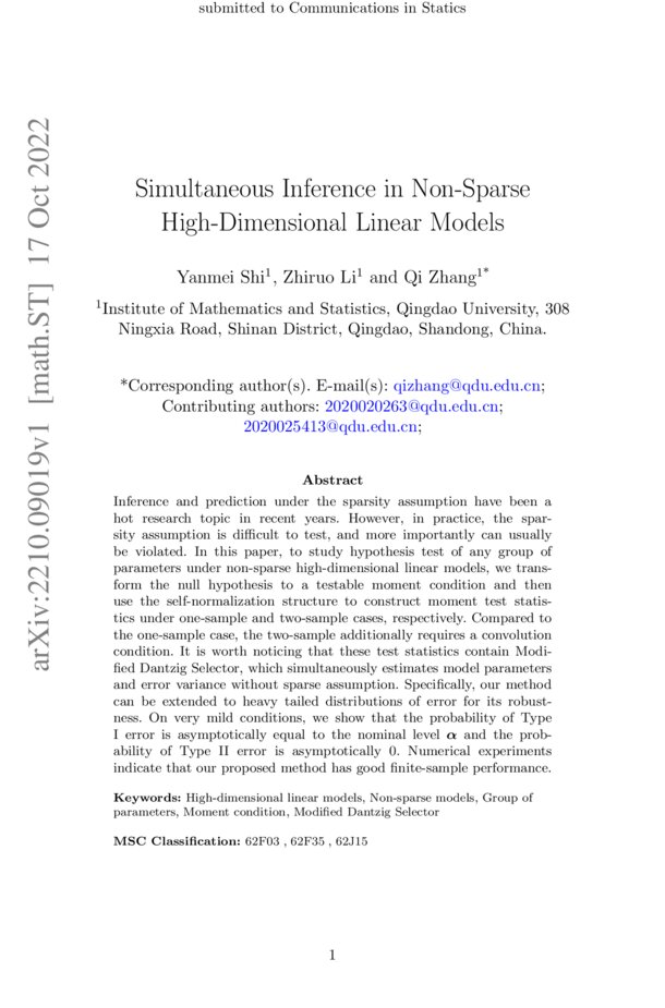 Simultaneous Inference in Non-Sparse High-Dimensional Linear Models ... Simultaneous Inference in Non-Sparse High-Dimensional Linear Models ...