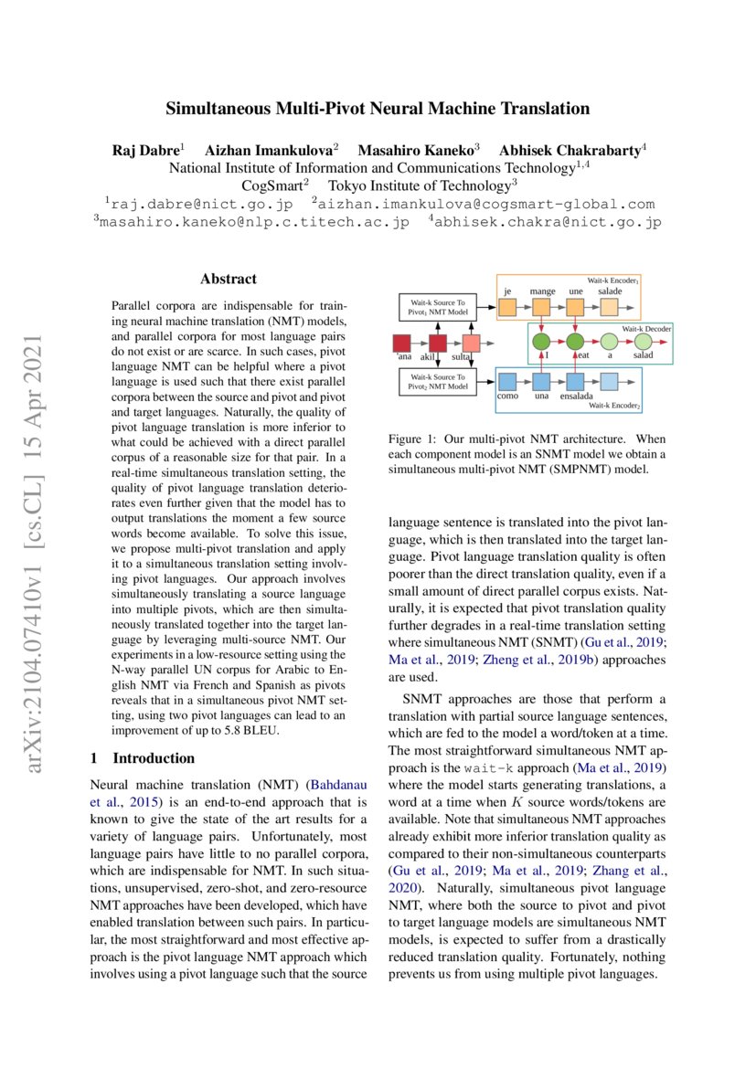 Simultaneous Multi-Pivot Neural Machine Translation | DeepAI