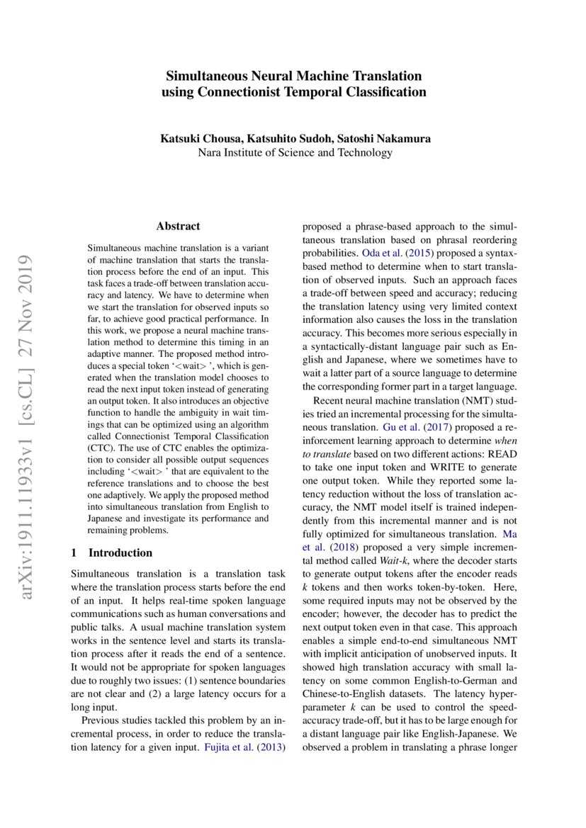 Simultaneous Neural Machine Translation using Connectionist Temporal Classification | DeepAI