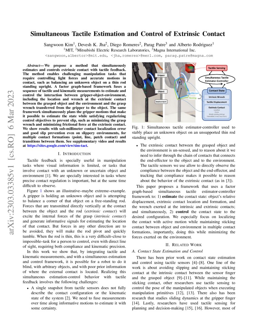 Simultaneous Tactile Estimation And Control Of Extrinsic Contact Deepai