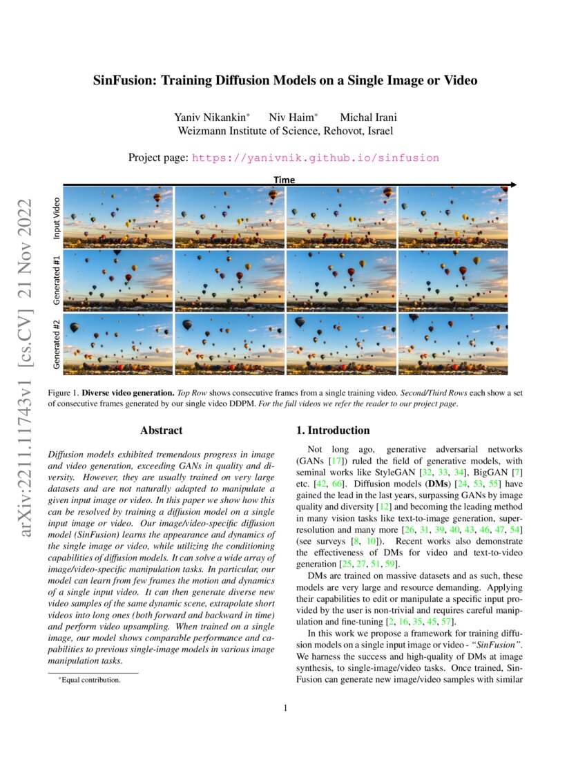 SinFusion: Training Diffusion Models on a Single Image or Video | DeepAI