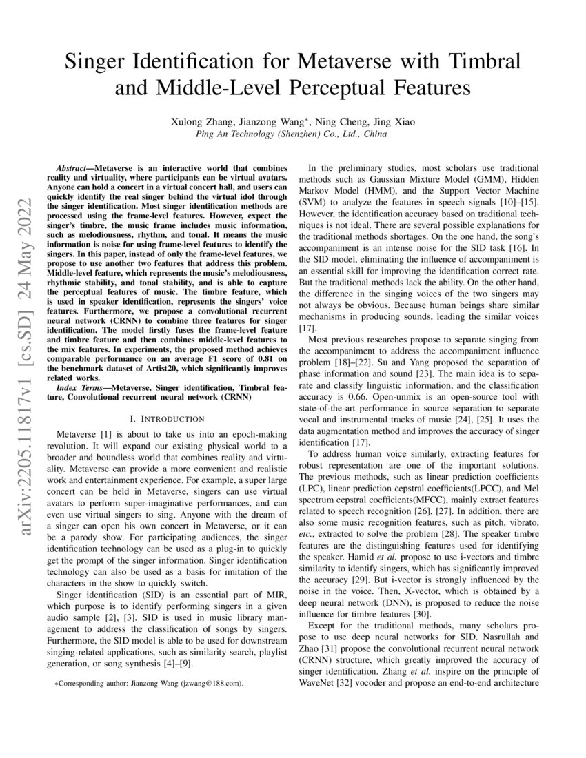Singer Identification for Metaverse with Timbral and Middle-Level Perceptual Features | DeepAI