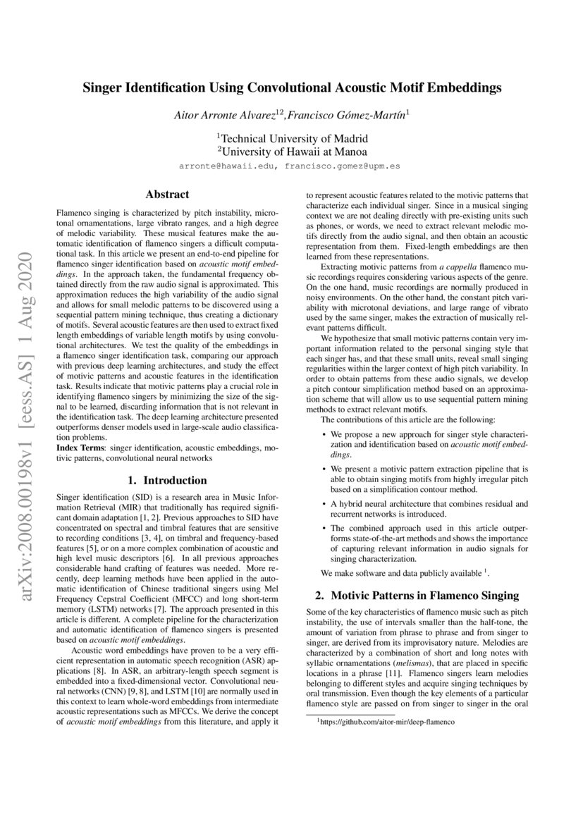 Singer Identification Using Convolutional Acoustic Motif Embeddings | DeepAI