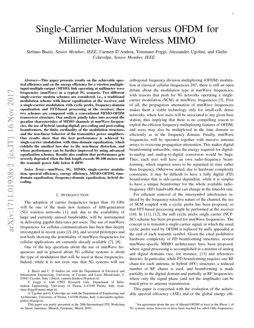 Single Carrier Modulation Versus Ofdm For Millimeter Wave Wireless Mimo