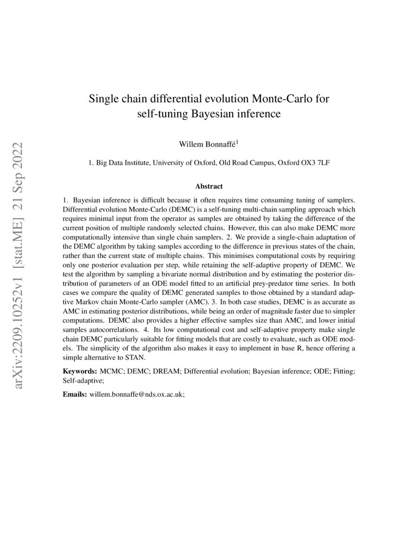 Single Chain Differential Evolution Monte Carlo For Self Tuning Bayesian Inference Deepai