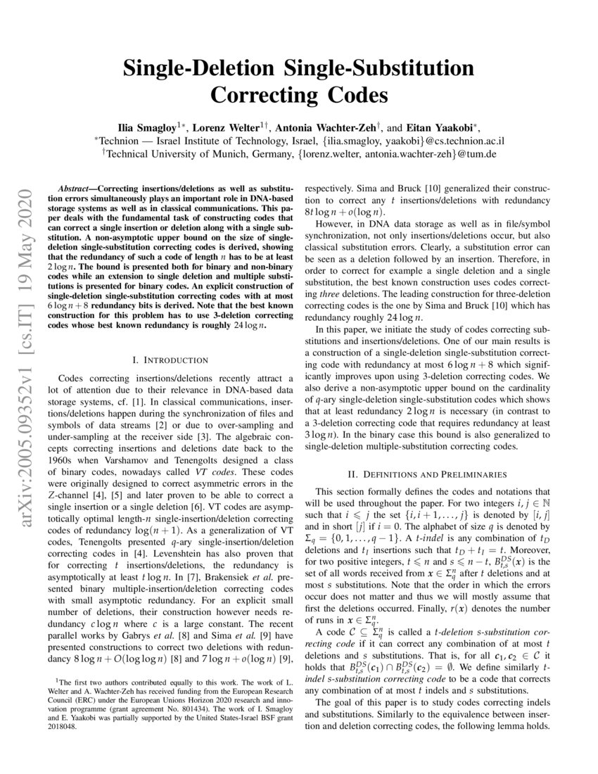 Single Deletion Single Substitution Correcting Codes Deepai 8521