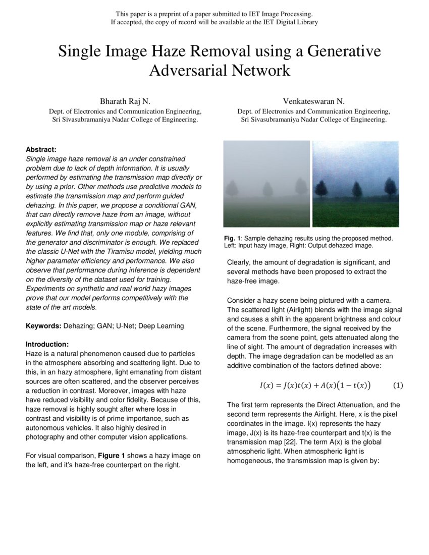 Single Image Haze Removal using a Generative Adversarial Network | DeepAI