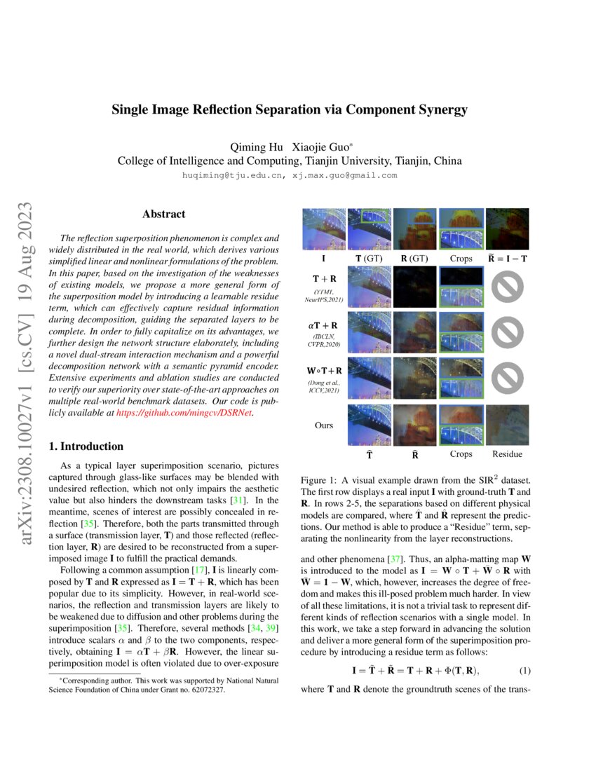 Single Image Reflection Separation via Component Synergy | DeepAI