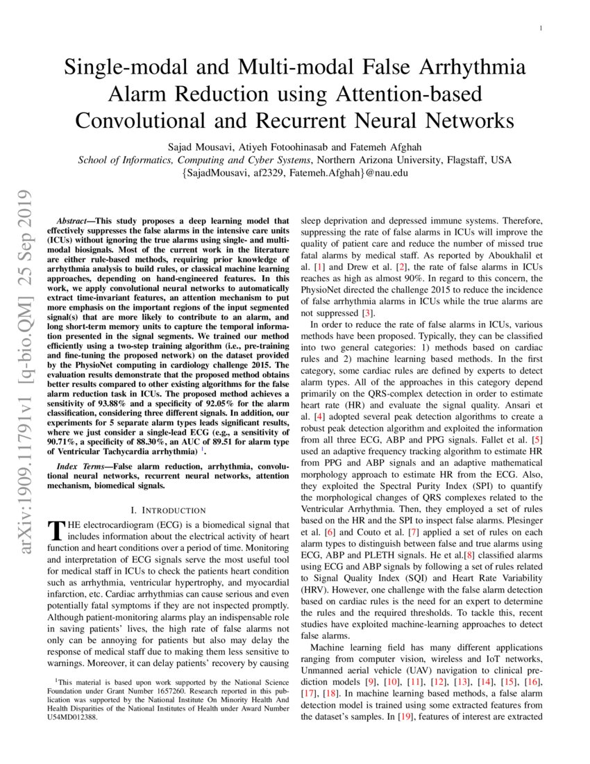 Single Modal And Multi Modal False Arrhythmia Alarm Reduction Using Attention Based