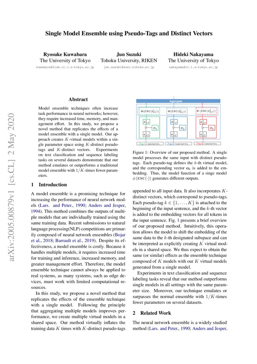 Single Model Ensemble Using Pseudo Tags And Distinct Vectors Deepai