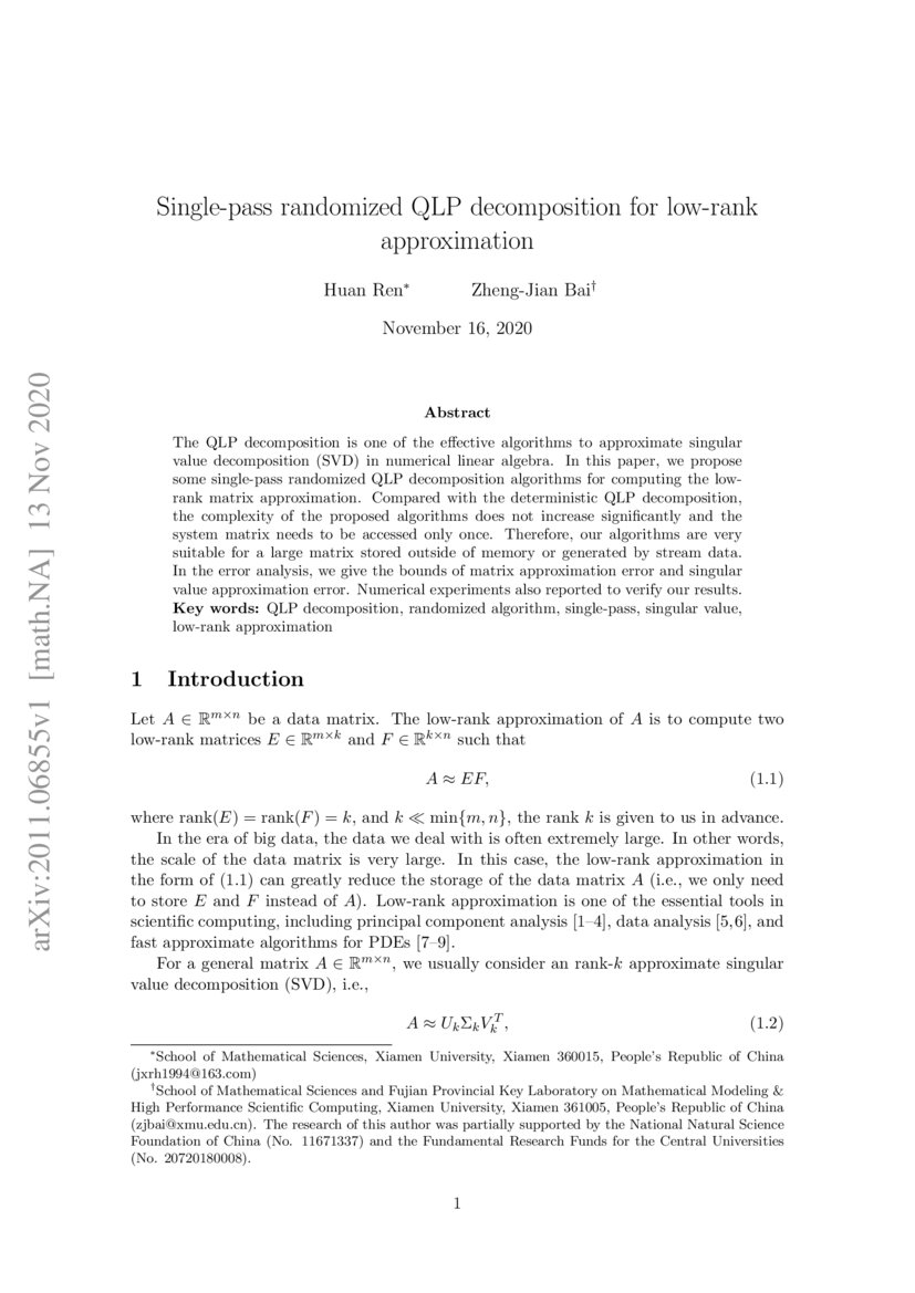 Single Pass Randomized Qlp Decomposition For Low Rank Approximation Deepai 3820