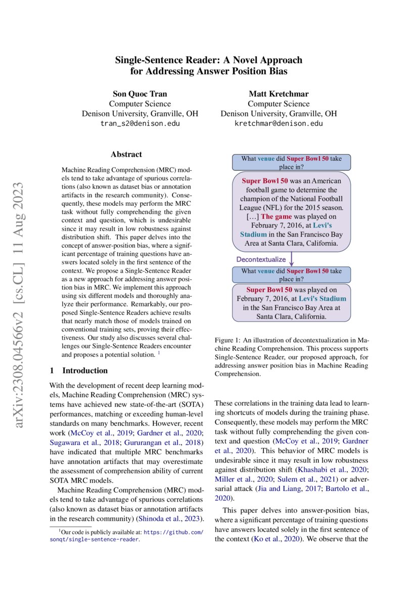 Single-Sentence Reader: A Novel Approach for Addressing Answer Position ...
