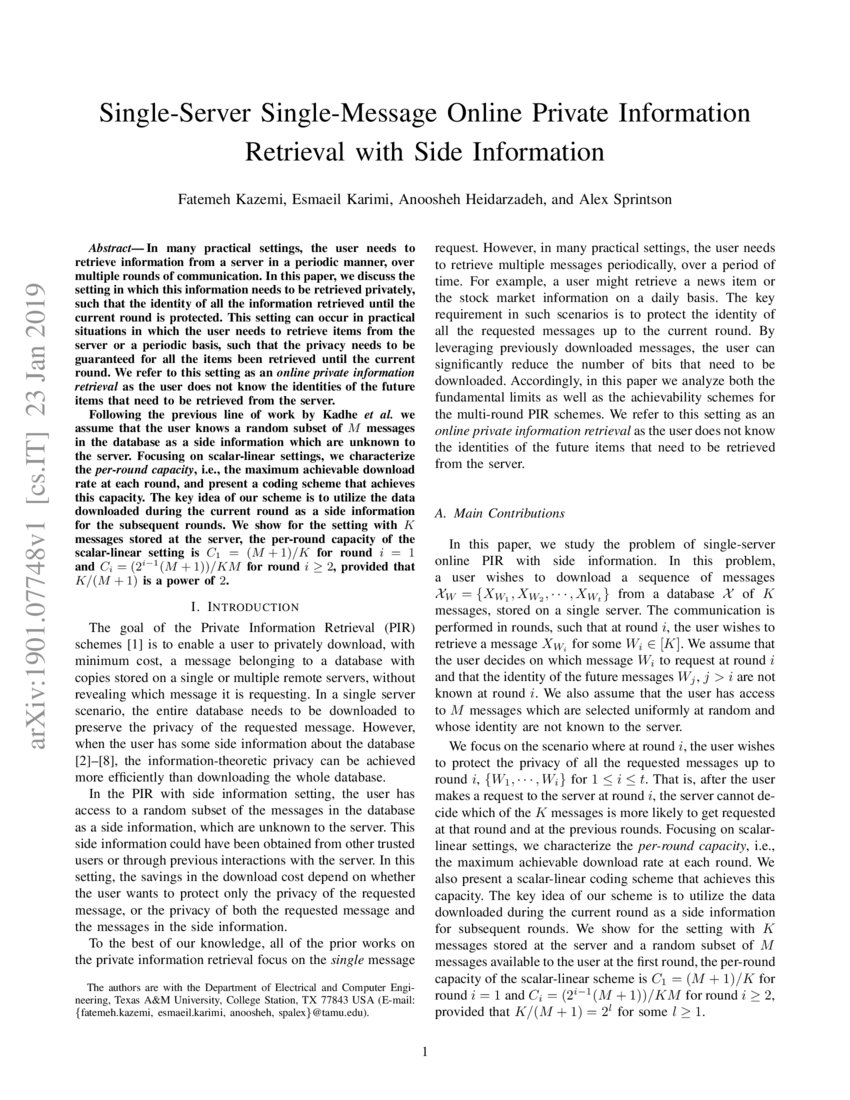Single Server Single Message Online Private Information Retrieval With Side Information Deepai