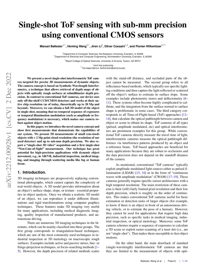 Single-shot ToF sensing with sub-mm precision using conventional CMOS sensors | DeepAI