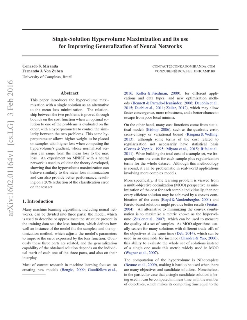 Single-Solution Hypervolume Maximization and its use for Improving Generalization of Neural ...
