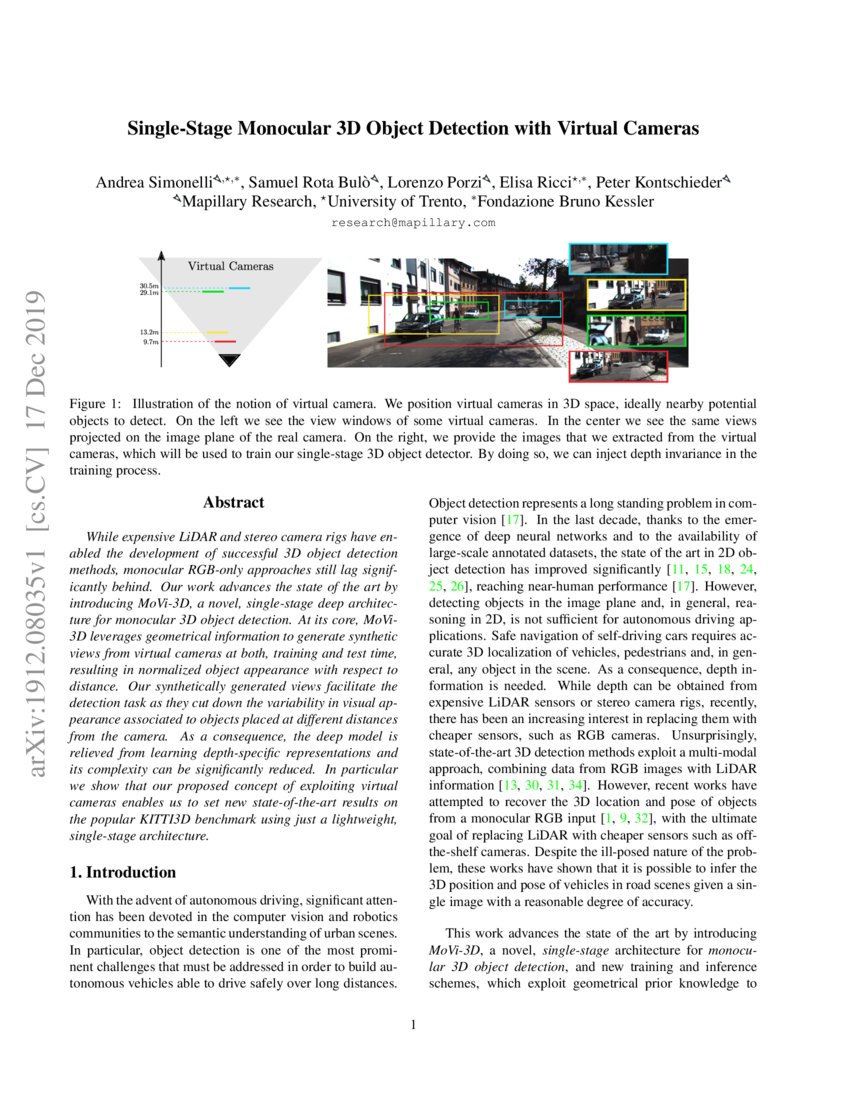 Single Stage Monocular 3d Object Detection With Virtual Cameras Deepai